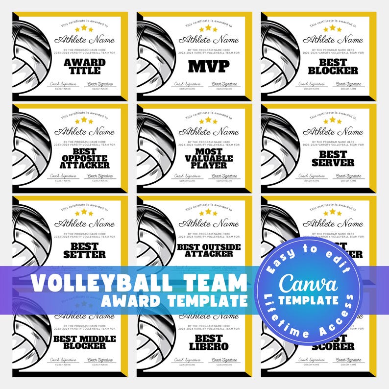 Editable Volleyball Awards Certificates Team Recognition (canva ...