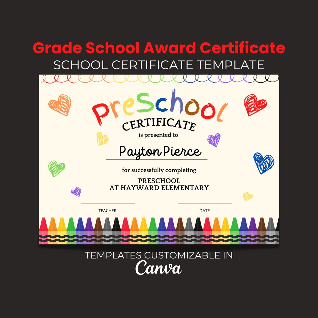 Preschool Award, Elementary PRE-K Classroom Award Certificate, Template ...