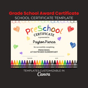 Preschool Award, Elementary PRE-K Classroom Award Certificate, Template ...