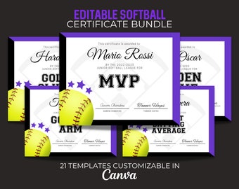 Softball Award Certificate Editable Canva Template Printable - Etsy