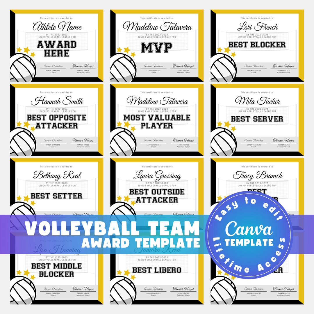 Editable Volleyball Award Certificates, Team Recognition (canva ...
