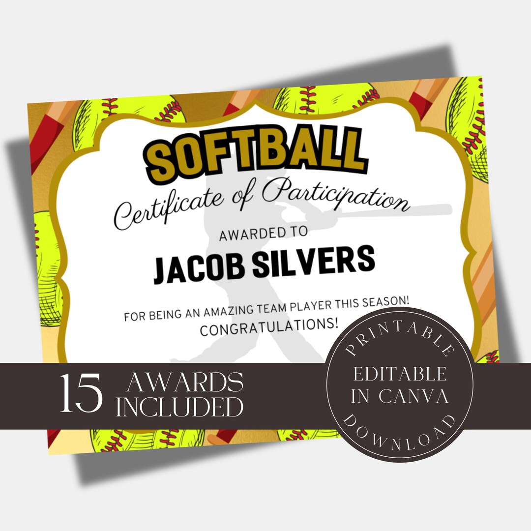 Softball Awards Bundle, Editable Softball Certificate Canva Template ...