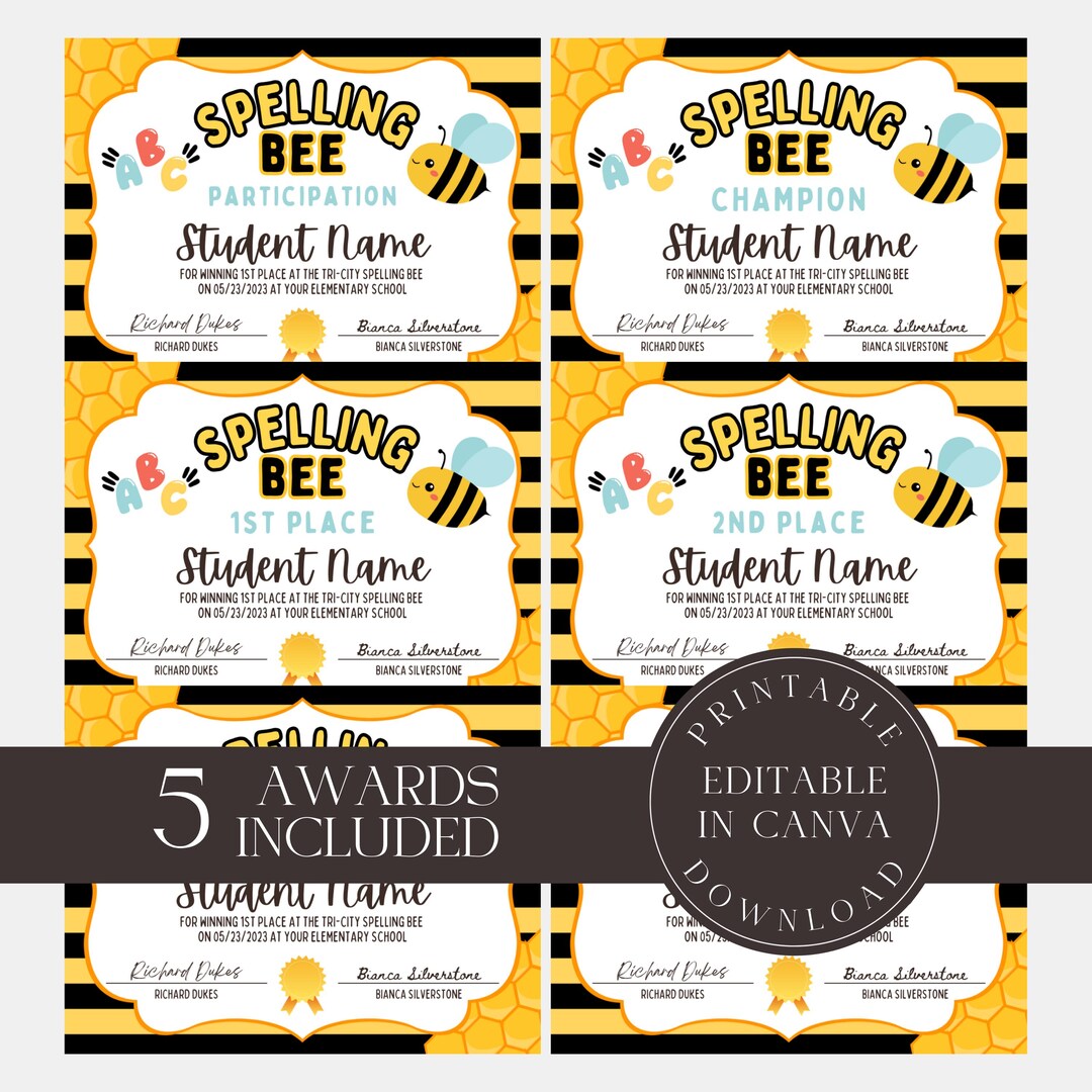 Editable Spelling Bee Certificates Spelling Bee Printable Certificates ...