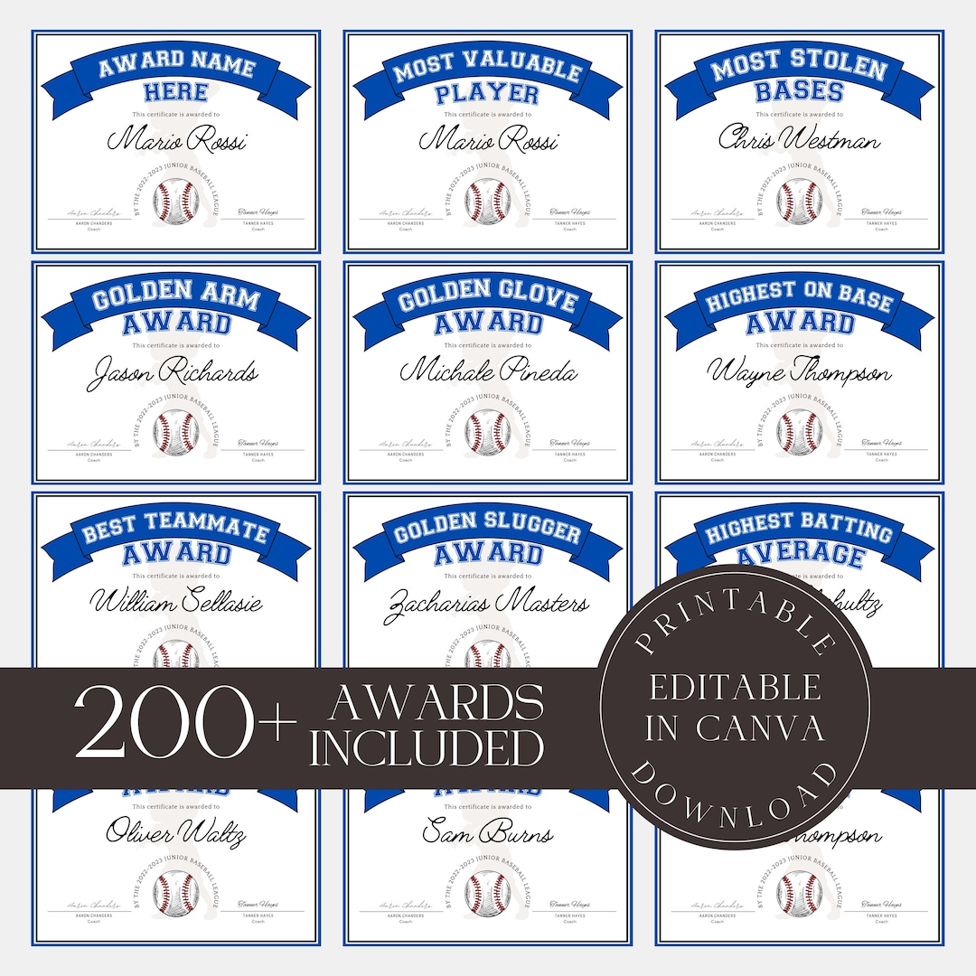 Editable Baseball Awards Printable Baseball Team Certificate Bundle ...