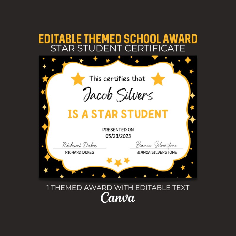 Editable School Certificate Star Student Elementary Classroom - Etsy