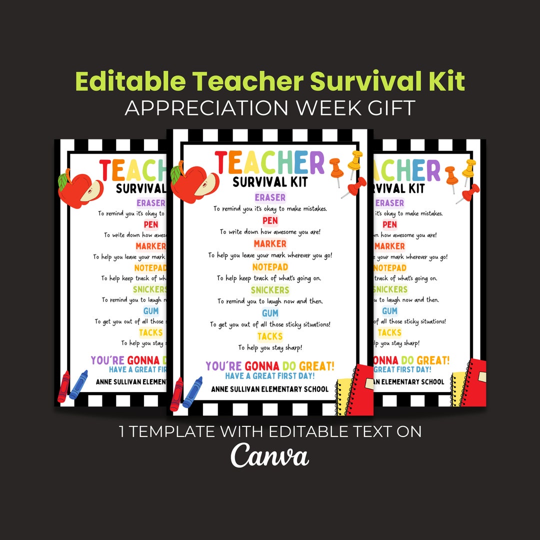 Editable Teacher Survival Kit Card, Back to School Teacher Gift ...