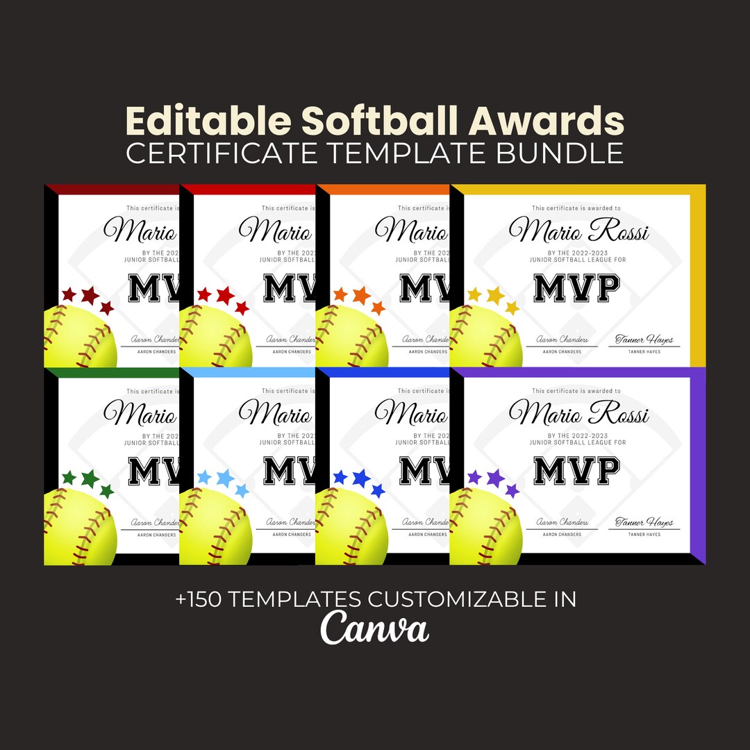 Softball Awards Printable, Softball Team Certificate Bundle, Editable ...