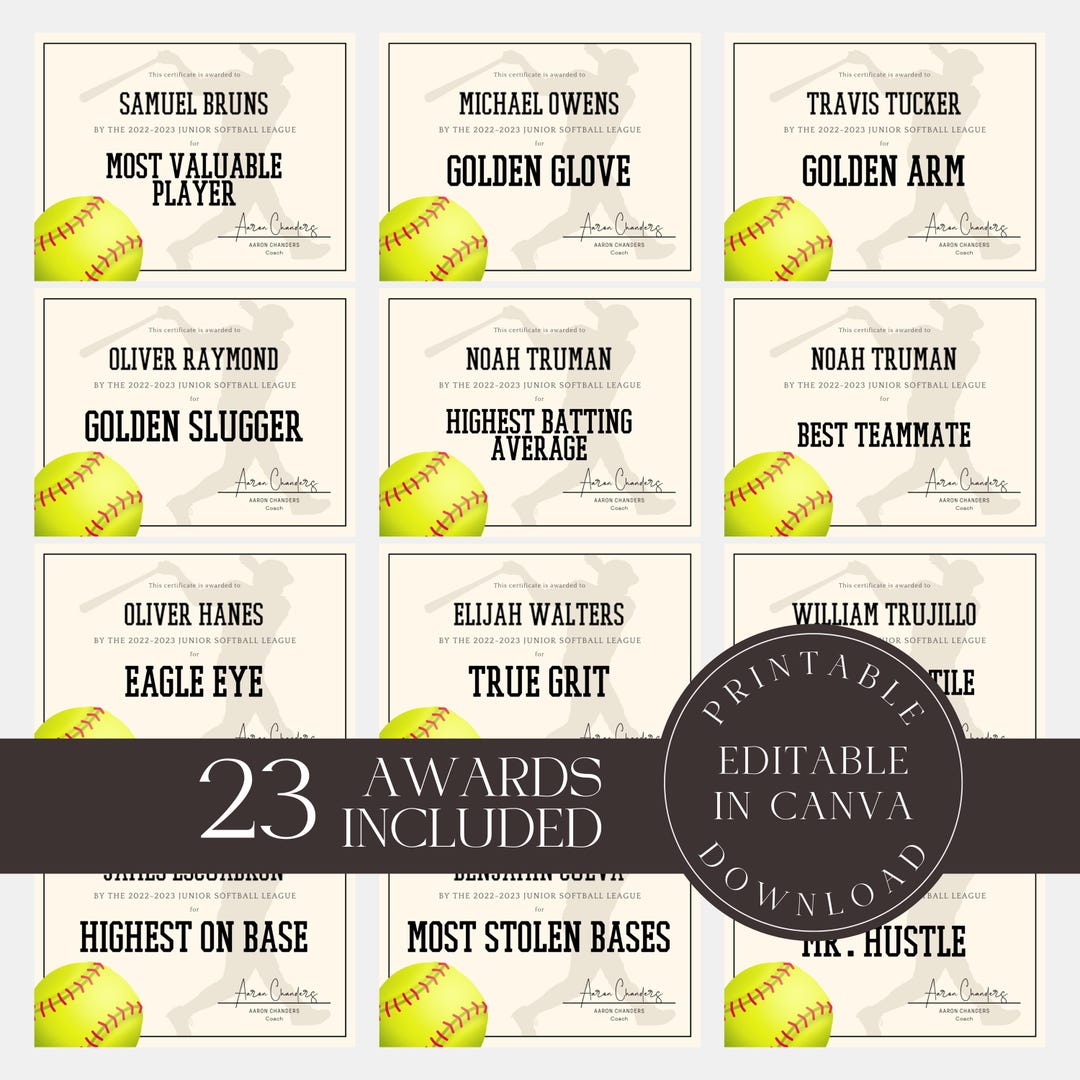 Editable Softball Awards Team Certificate Bundle (canva Template) - Etsy