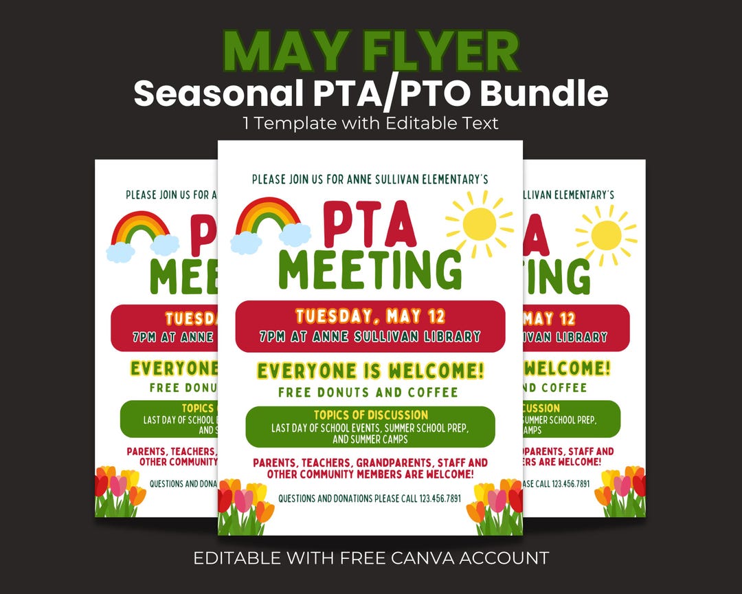 Editable May PTA PTO Meetings Flyer Template Printable Handout School ...