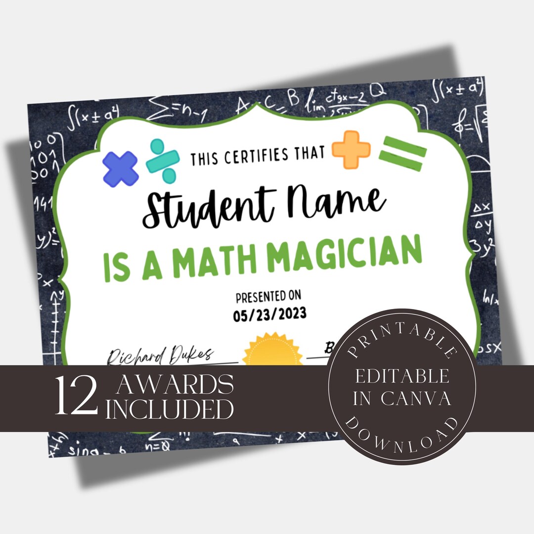 Editable School Certificate Math Student Elementary Classroom Award ...