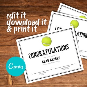 Editable Tennis Award Certificate Team Party Printable (canva Template ...