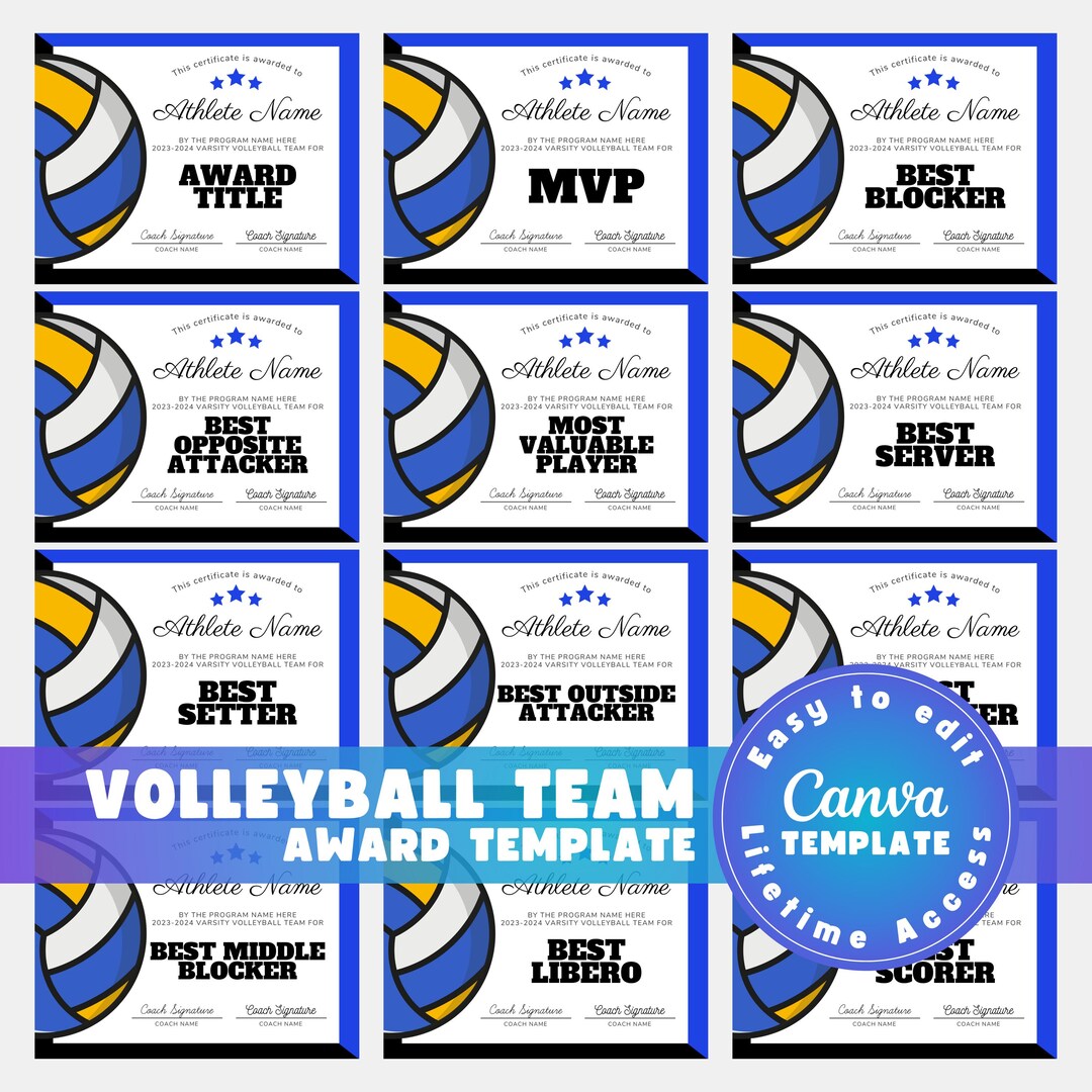 Volleyball Awards Certificates Bundle Editable Team Recognition (canva ...
