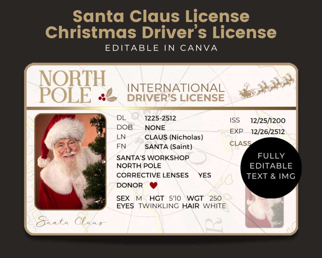 Printable Santa Claus License, Sublimation Designs, Christmas Canva ...