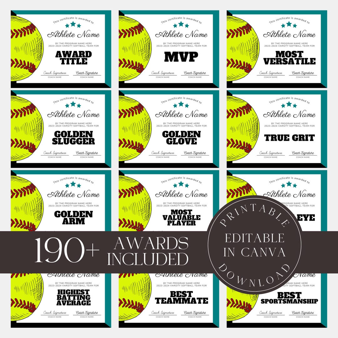 Editable Softball Awards Printable Softball Team Certificate Bundle ...