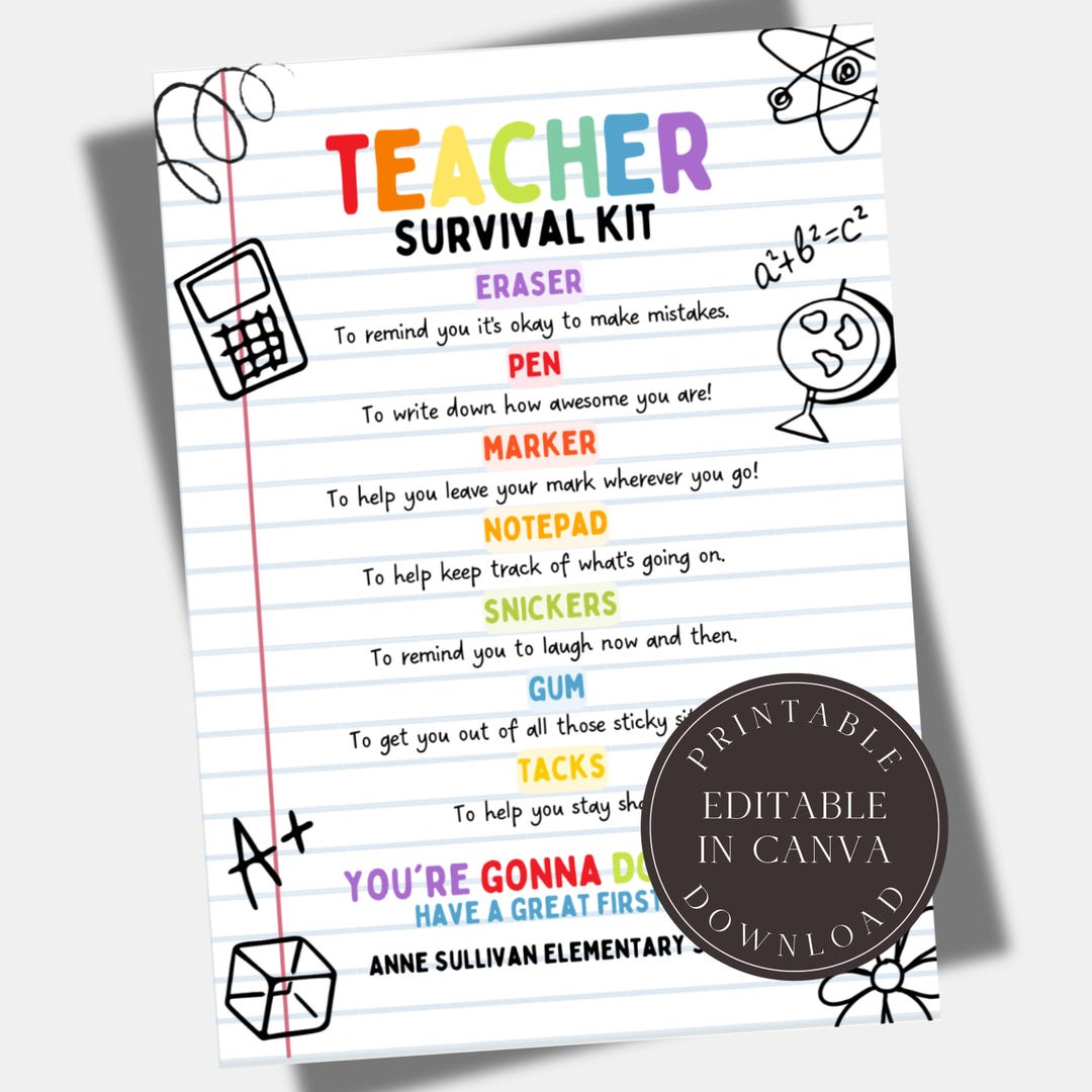 Editable Teacher Survival Kit Card Back to School Teacher Gift ...