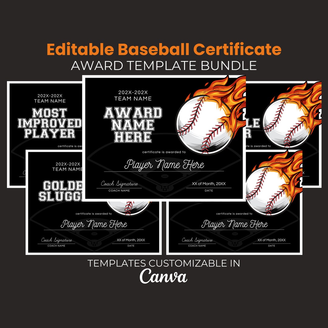 Editable Baseball Award Certificate Bundle, Team Party Canva Template ...