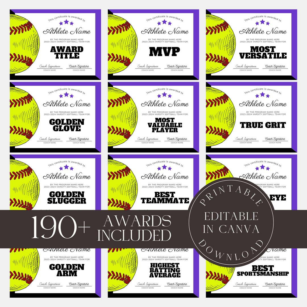 Editable Softball Awards Printable Softball Team Certificate Bundle ...