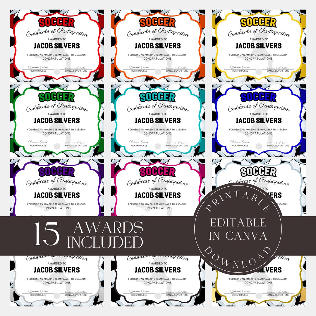 Editable Soccer Award Certificate Bundle Template Bundle Printable Team ...
