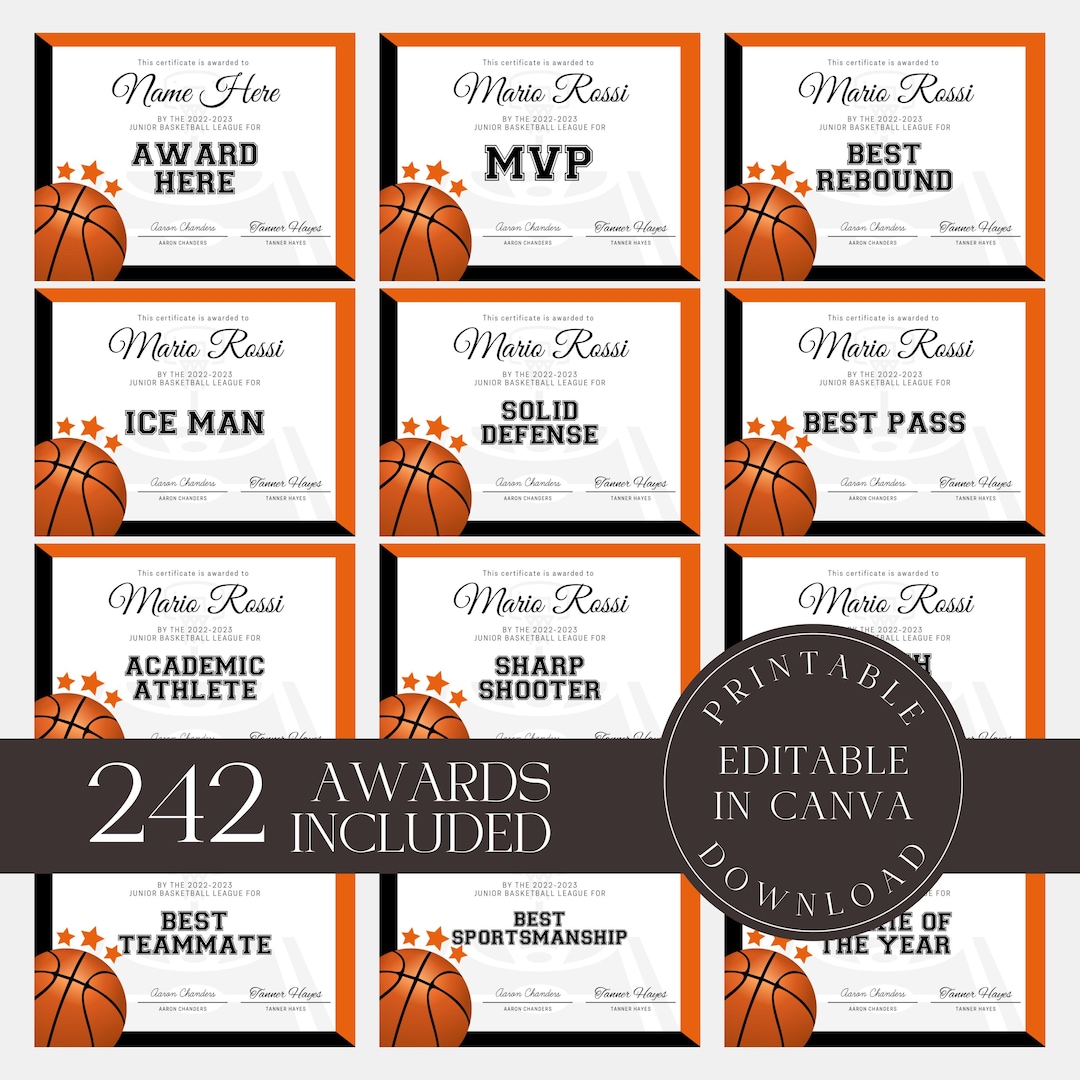Editable Basketball Award Certificates Team MVP Template (canva) - Etsy