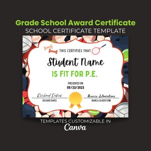 Editable School Certificate Physical Education Award, Elementary ...