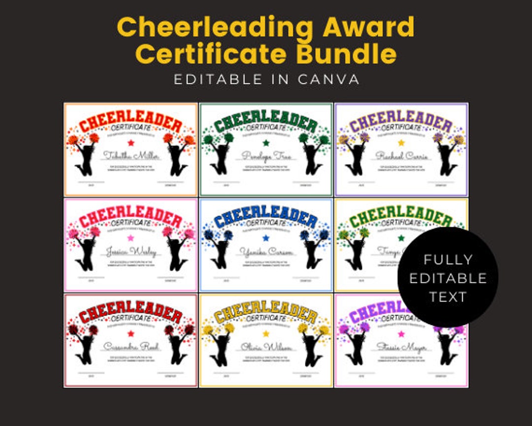 Editable Cheerleading Award Certificate Canva Template Bundle, Team ...