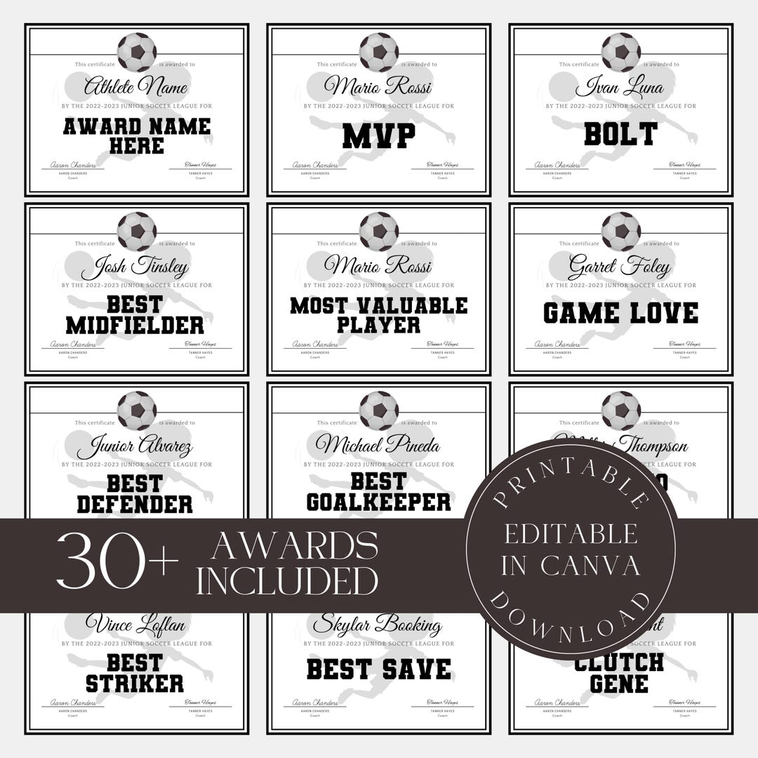 Editable Soccer Award Certificate Bundle Team Awards (canva Template ...