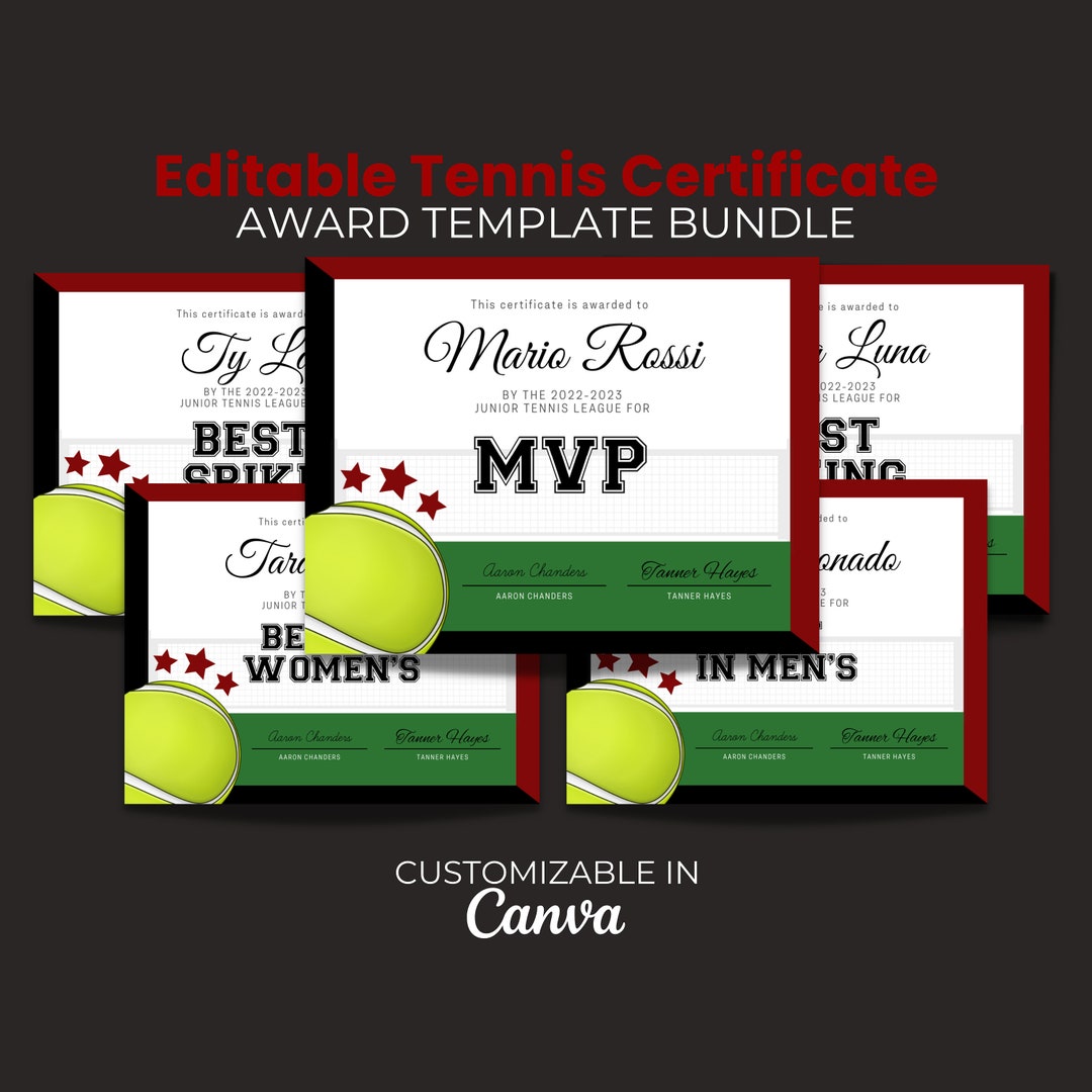 Editable Tennis Certificate Bundle, Tennis Award, Printable Certificate ...