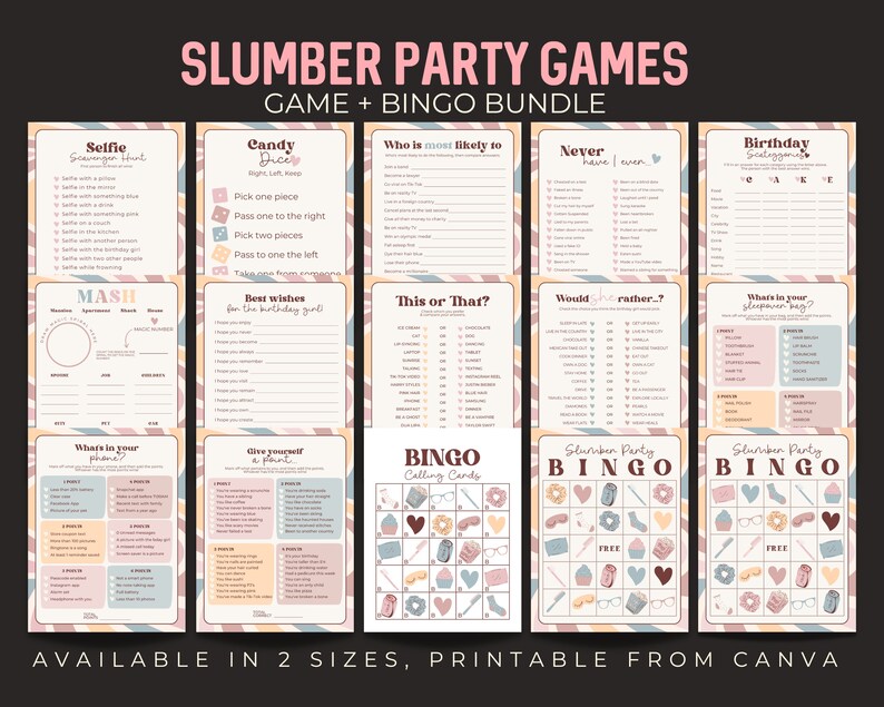 Printable Slumber Party Games Bundle Bingo Girls Sleepover Etsy Canada