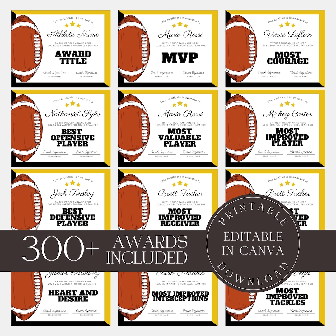 Editable Football Award Certificates Team MVP, Canva Template (PDF) - Etsy