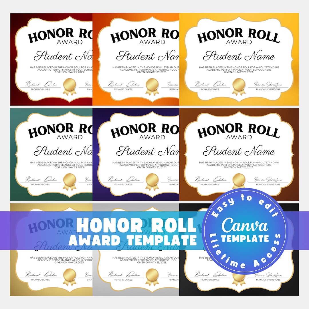 Editable Honor Roll Certificate Template School Academic Award (canva ...