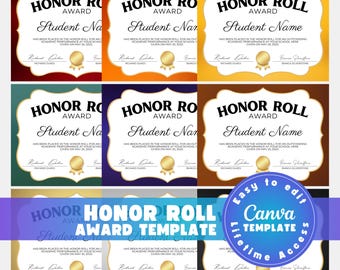 Honor Roll Certificate Template | Canva Editable Academic Award | Gold ...