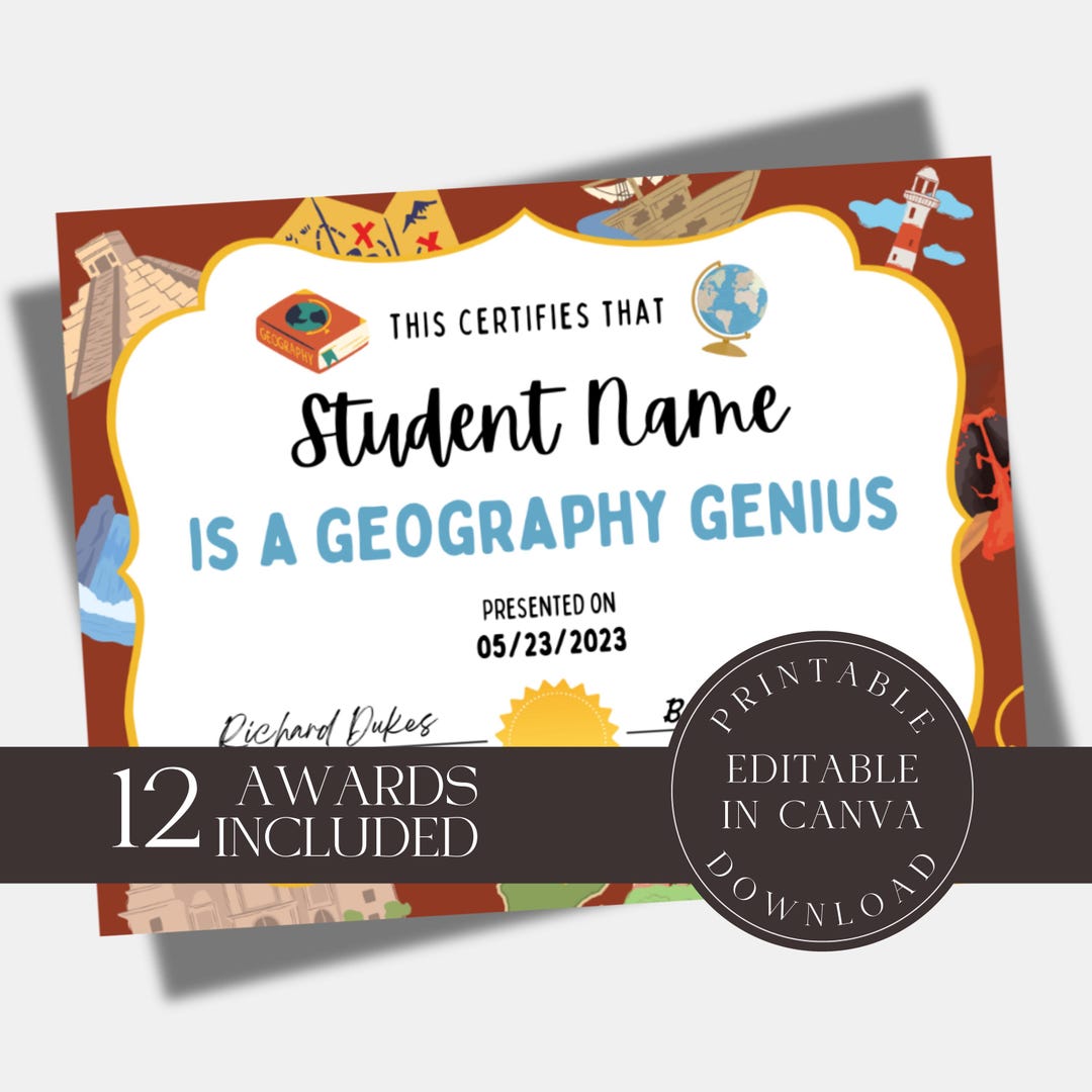 Editable School Certificate Student Geography Award Elementary ...