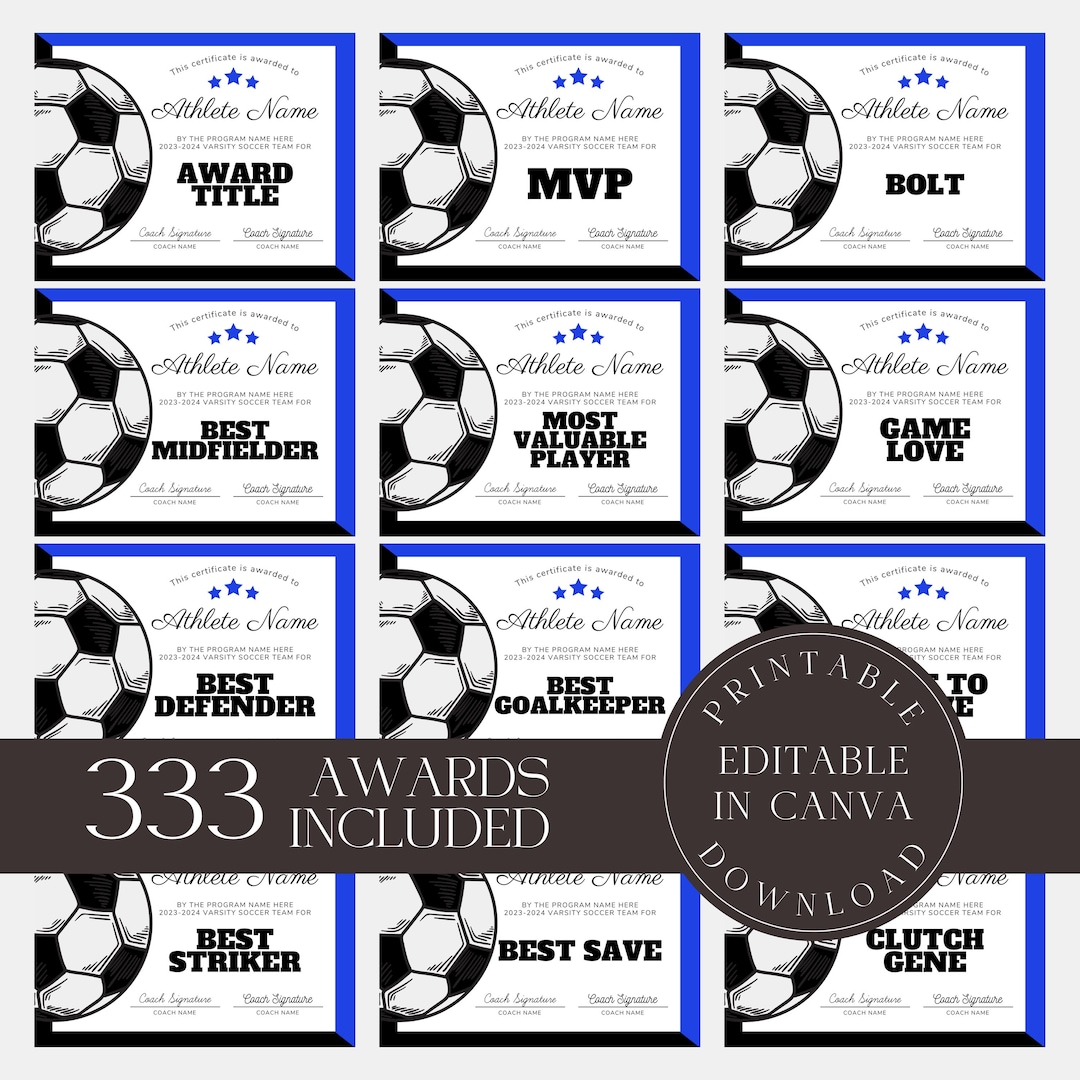 Editable Soccer Award Certificate Bundle Team Awards (canva Template ...