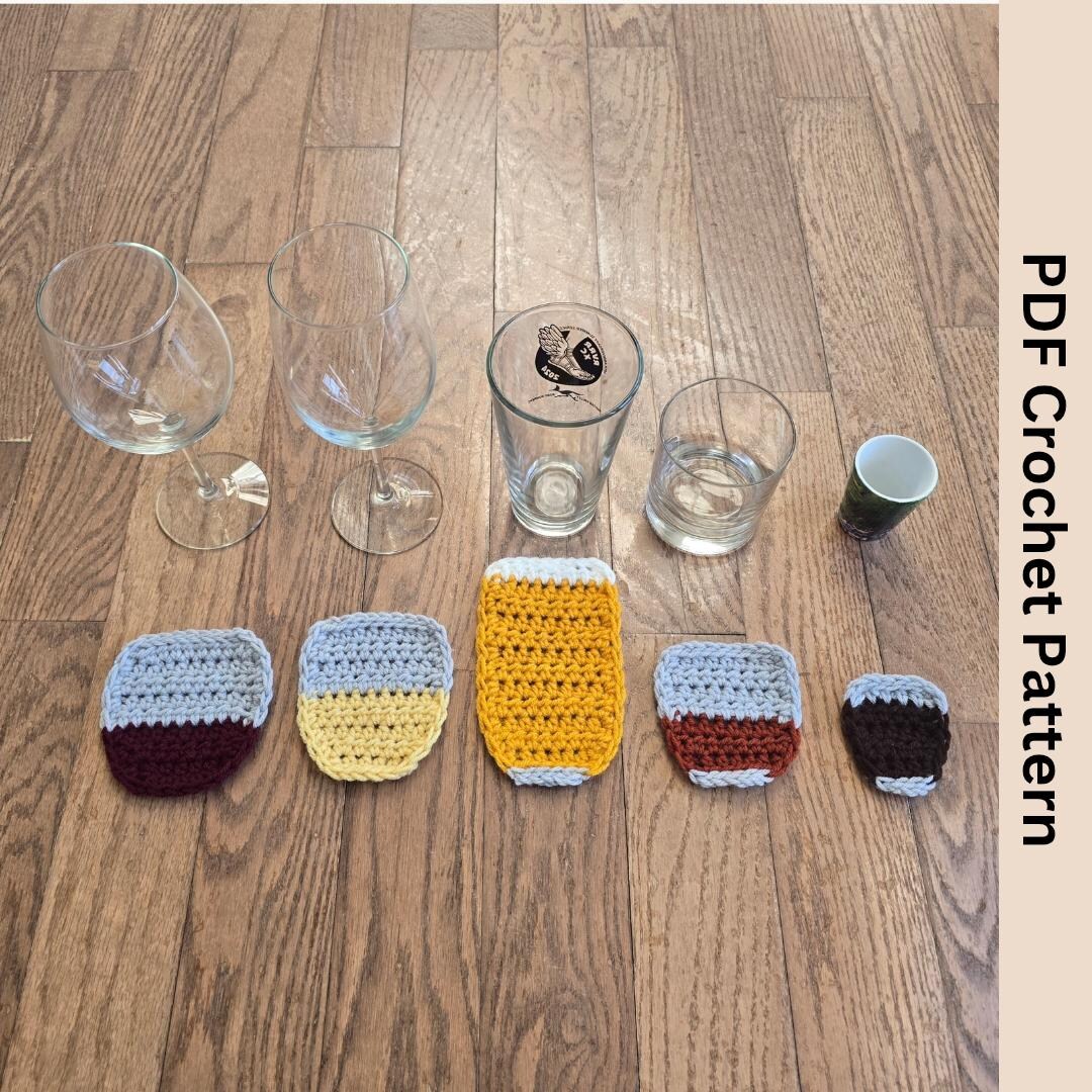 5-in-1 Wine & Bar Coaster Crochet Pattern | Wine Glass Crochet Applique ...
