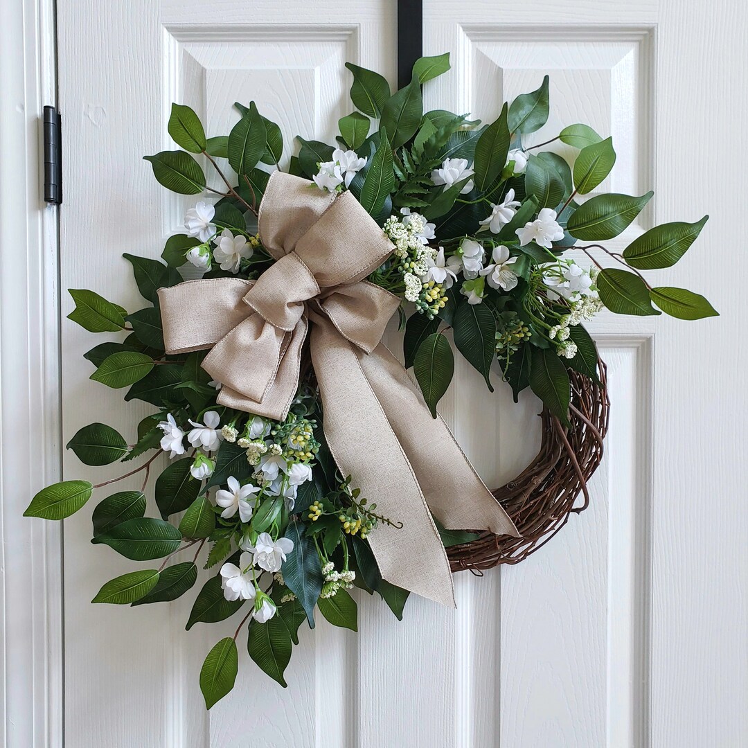 Spring Greenery Wreath With Linen Bow, Spring Wreath for Front Door ...