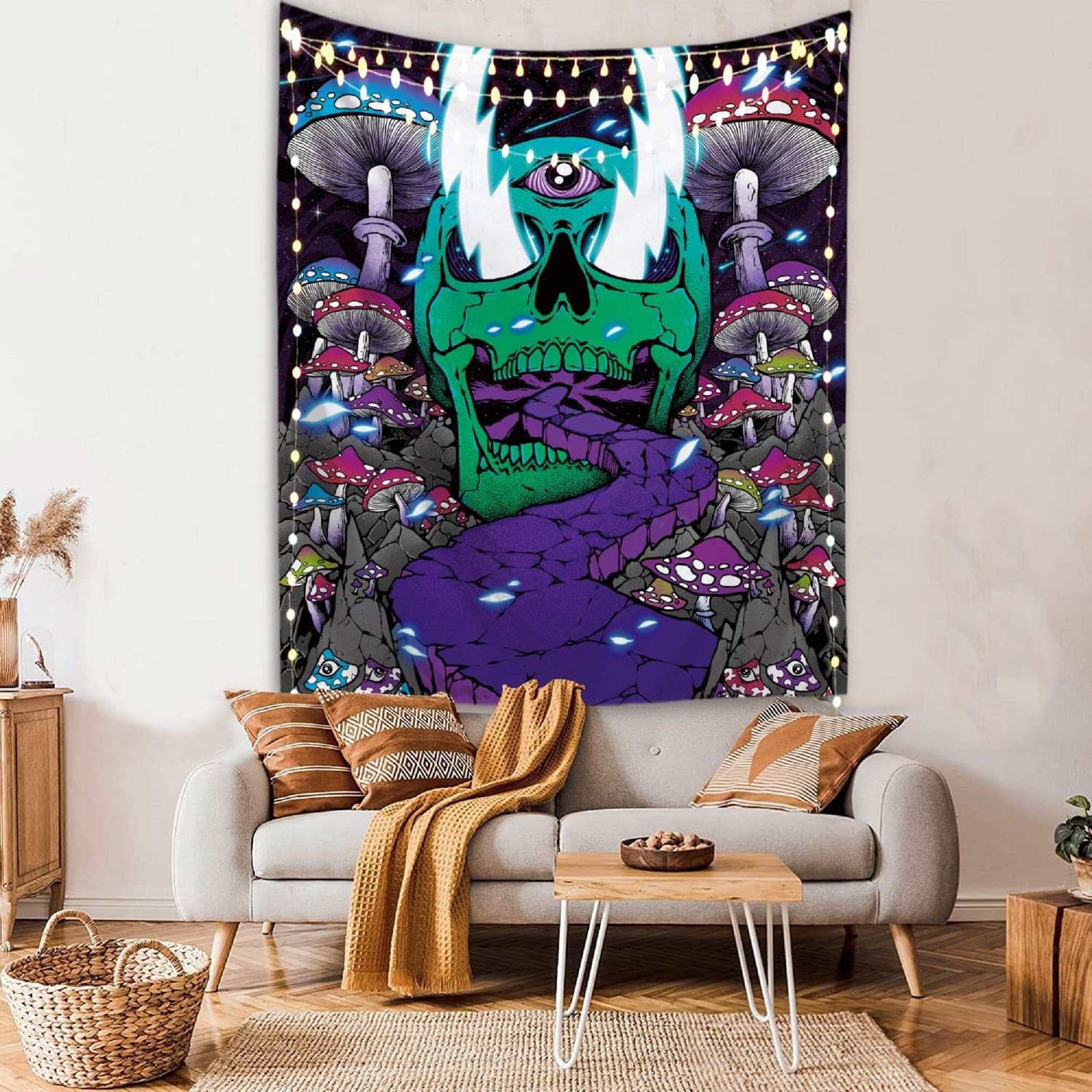 Trippy Skull and Mushroom Tapestry Trippy Aesthetic Tapestry - Etsy