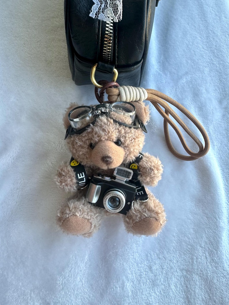 Cute Teddy Bear Plush Bag Charm With Camera, Fluffy Bear Photography ...