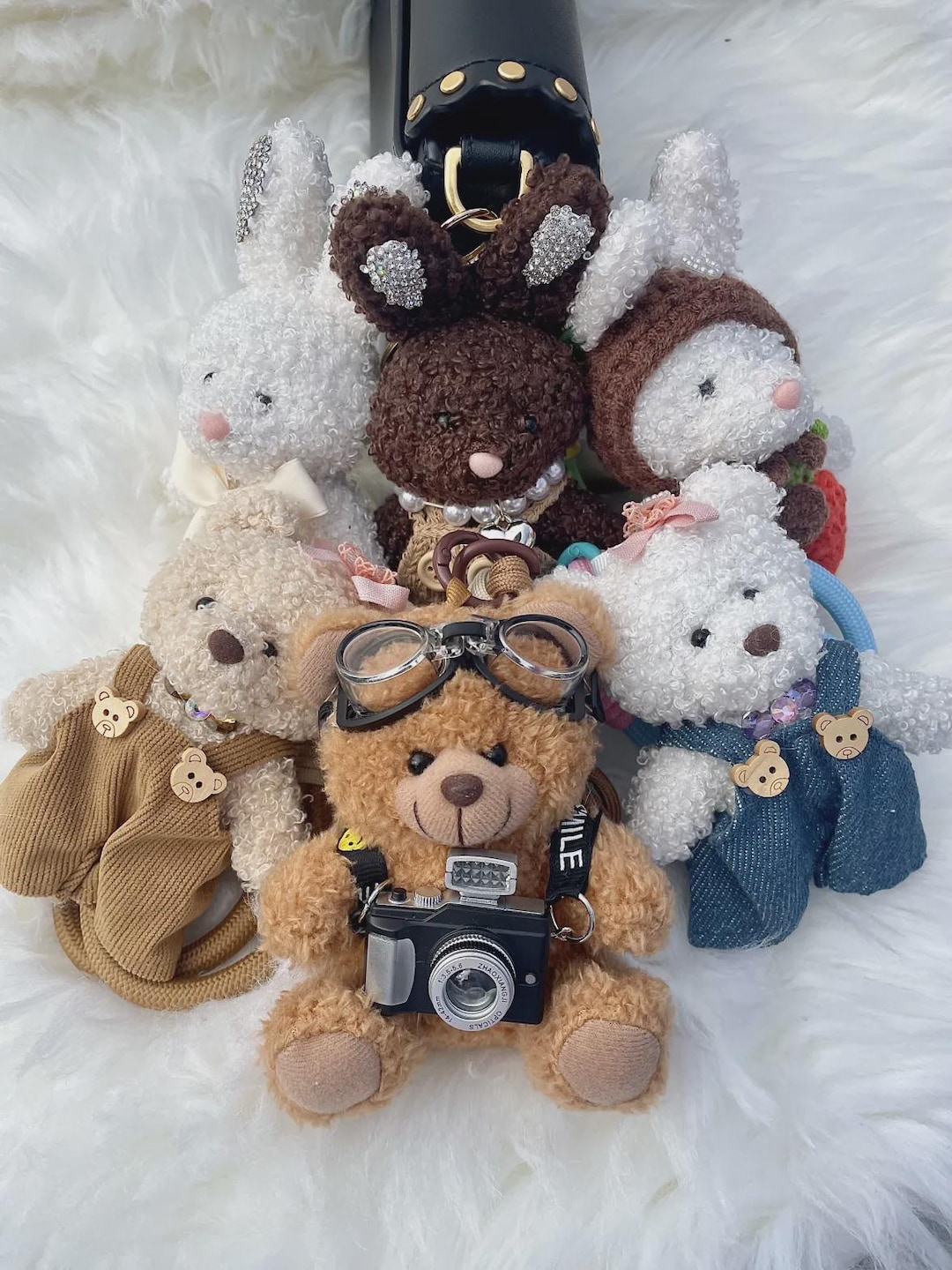 Cute Teddy Bear Plush Bag Charm, Fluffy Bear With Overalls and Bunnies ...