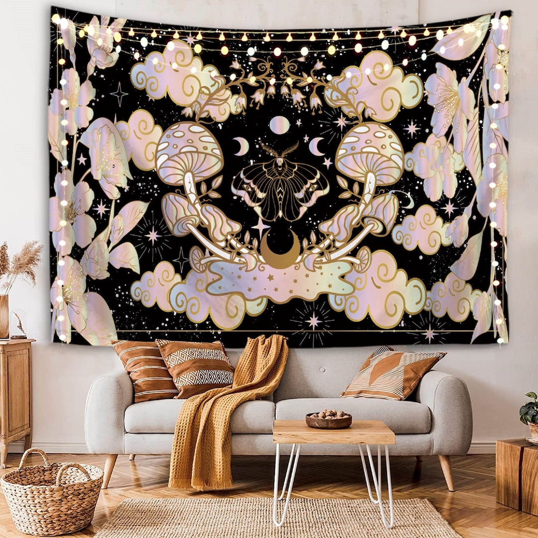 Mushroom Moth Tapestry, Tapestry Aesthetic, Hippy Decor, Moon Stars ...