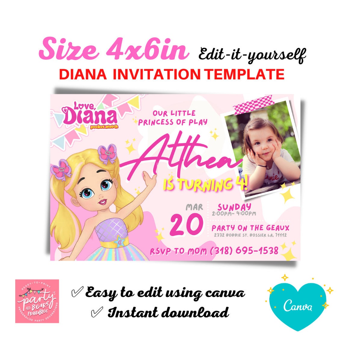 Diana Invitation Add Photo, Diana Digital Invitation, Diana and Roma ...