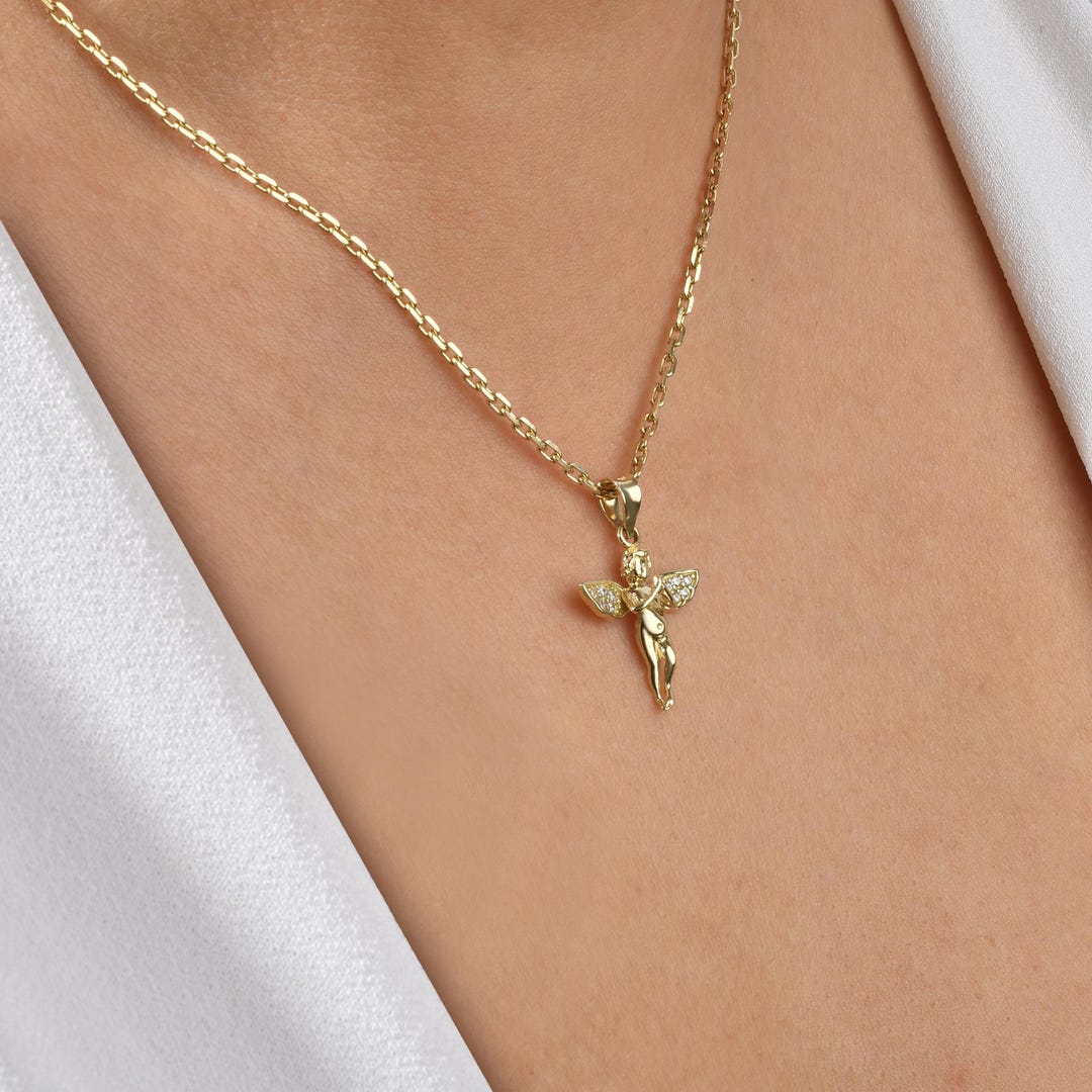 14K Solid Gold Baby Angel Pendant, Sparkling Wing Cherub Necklace ...