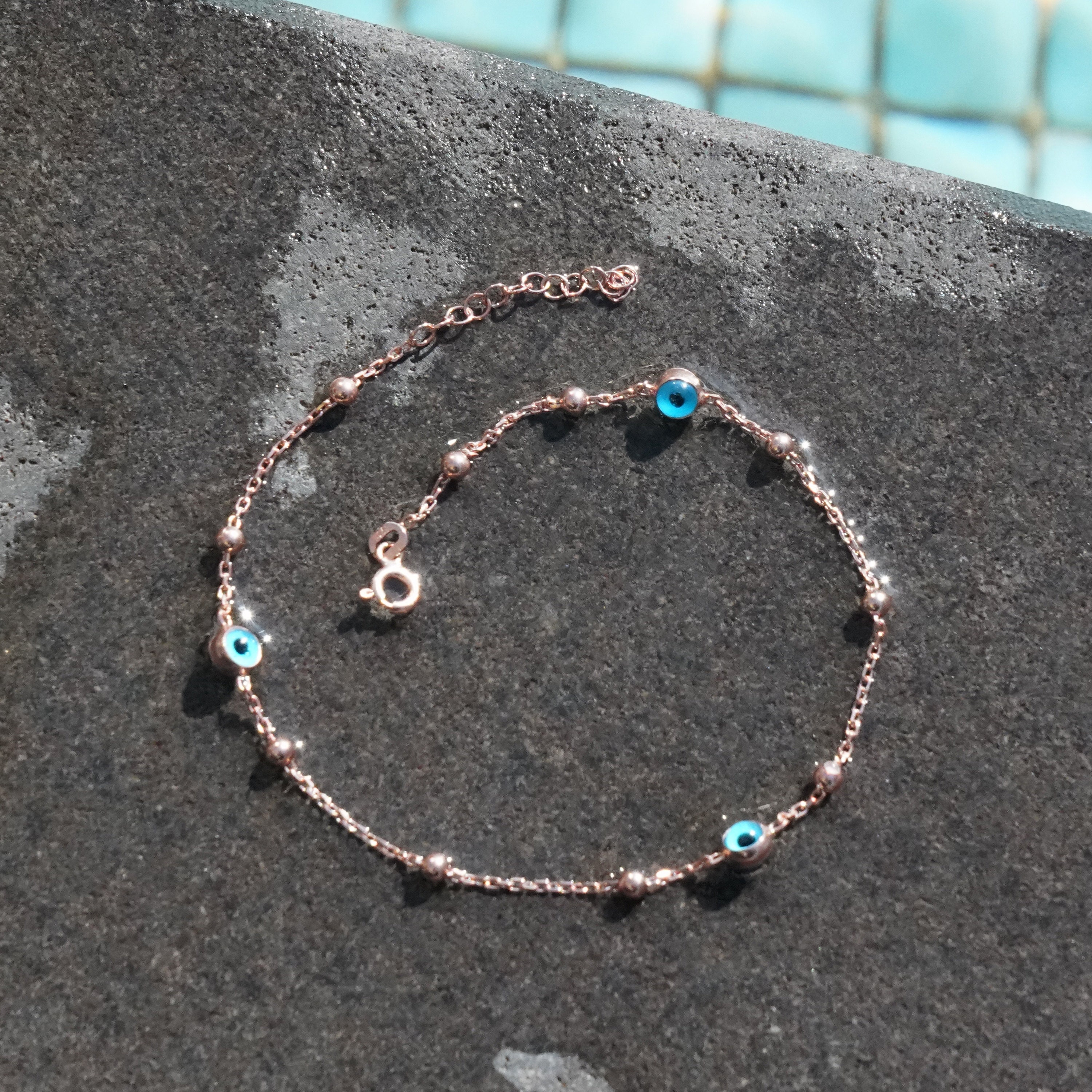 Dainty Evil Eye Amulet Anklet With Ball Chain, Gold Plated Blue Evil ...
