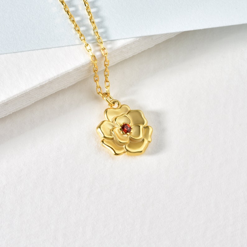 January Carnation Birth Month Flower Necklace With Garnet Birthstone ...