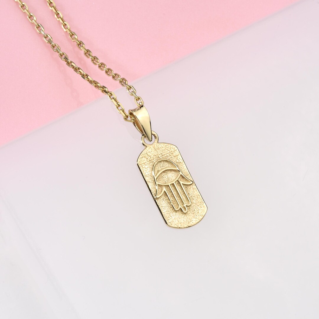 14K Gold Hamsa Hand Necklace, Hand of Mary Plate Pendant, Dainty ...