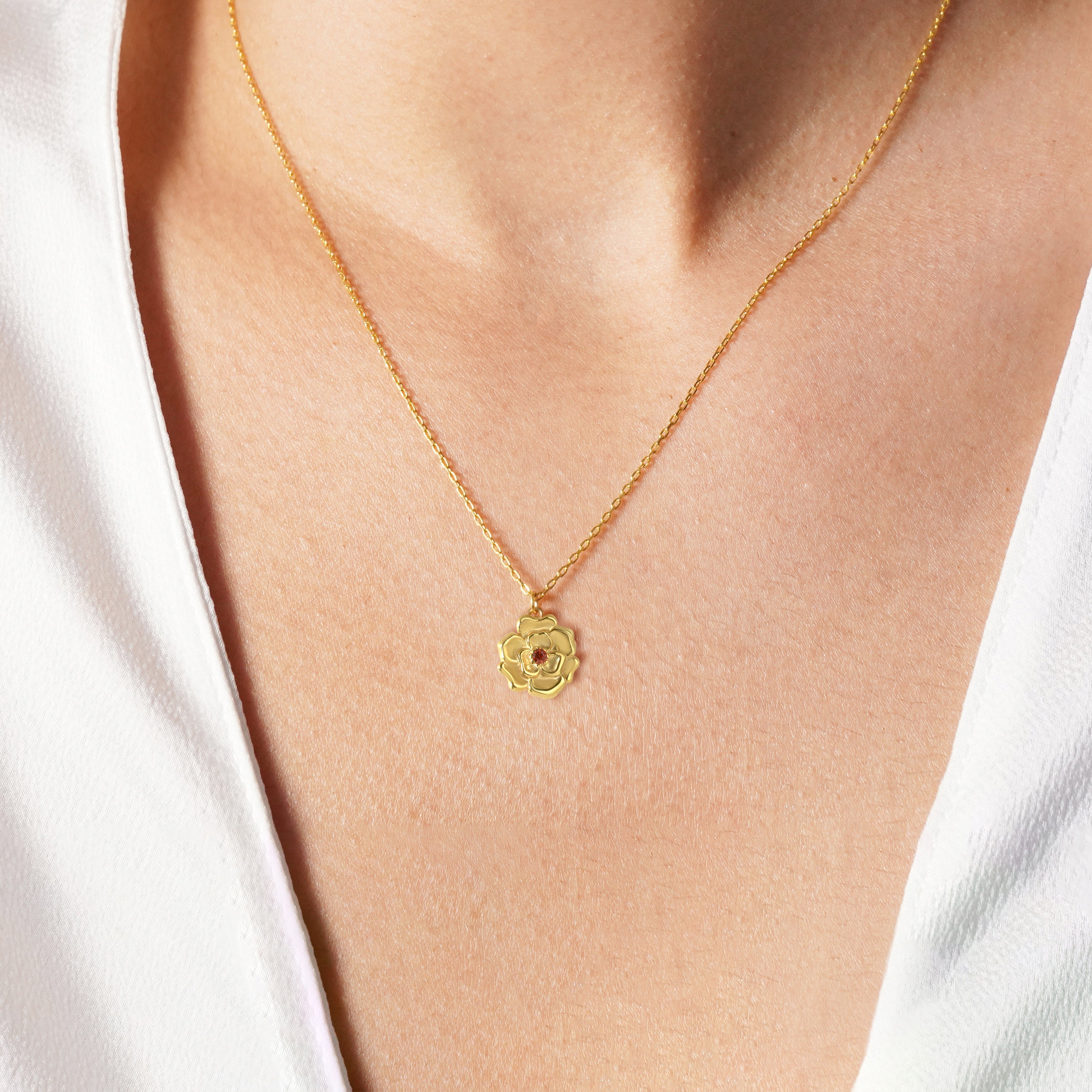 January Carnation Birth Month Flower Necklace With Garnet Birthstone ...