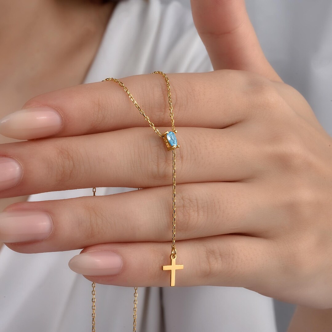 Lariat Cross Necklace With Drop Birthstone, Personalized 925K Silver Y ...
