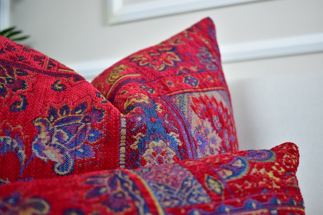 Red Linen Kilim Pillow Cover, Floral Designer Cushion, Geometric ...