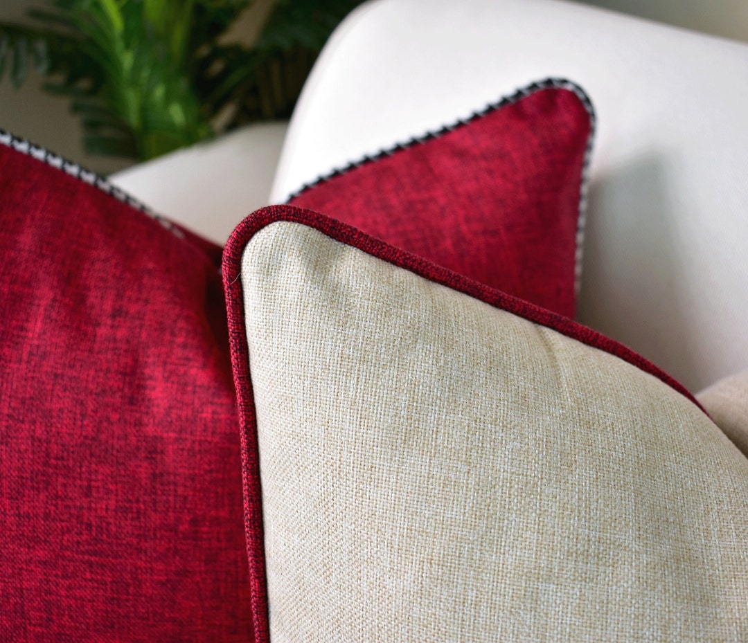 Red Linen Pillow With Piping, Lumbar Throw Pillow Cover, Cushion Made ...
