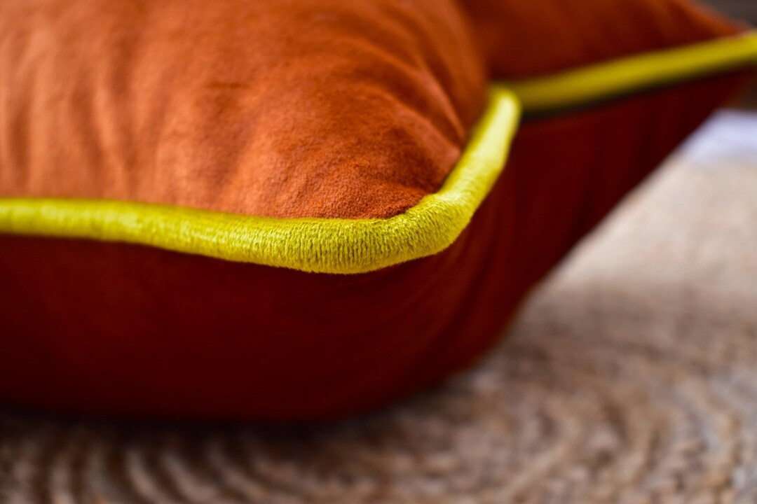 Rust Velvet Pillow With Piping Detailed, Rust Throw Pillow, Piped ...
