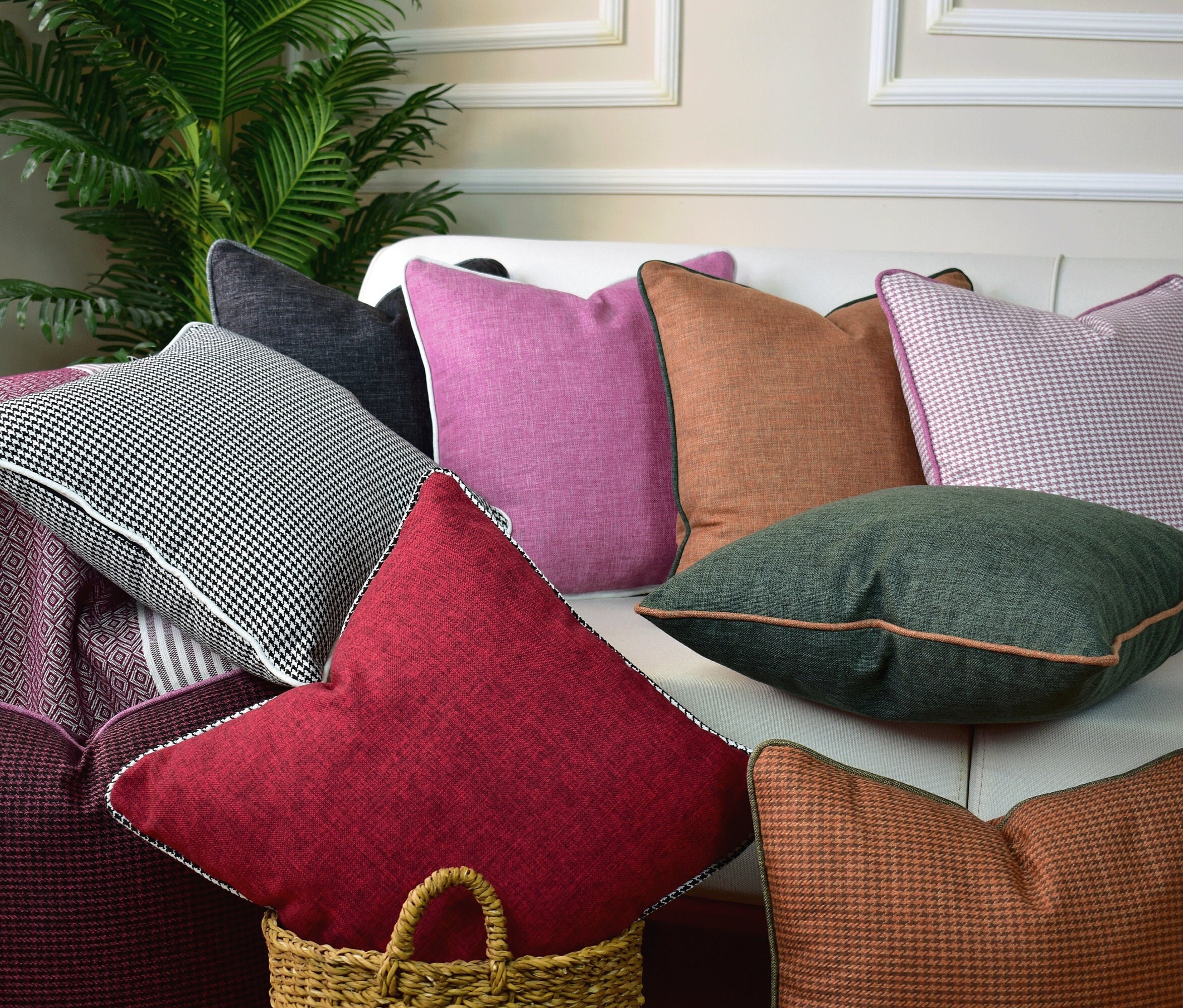 Cord Linen Lumbar Pillow Cover, Piping Detail Linen Throw Pillow Cover ...